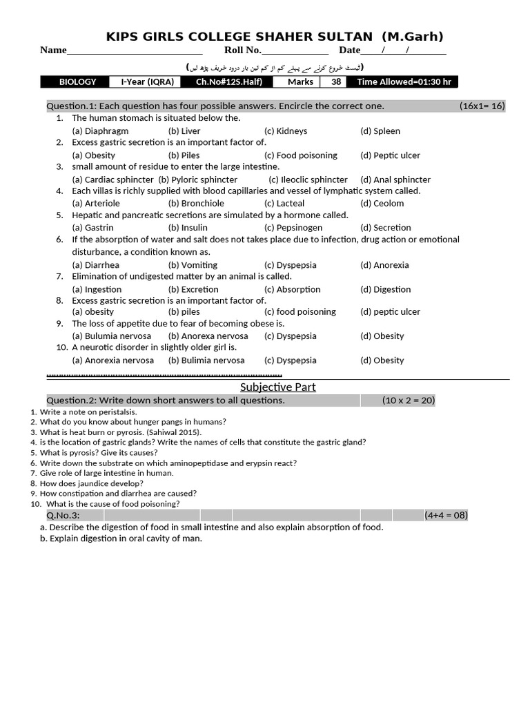 Human Digestive System Test Paper | PDF | Stomach | Small Intestine