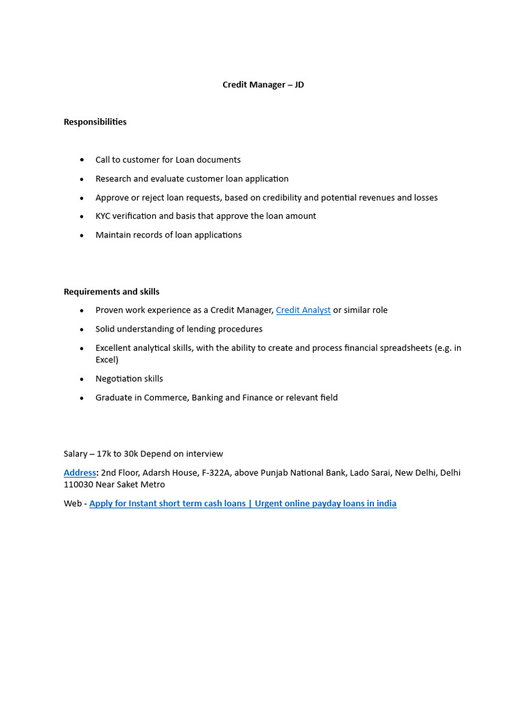 Credit Manager Job Description | PDF