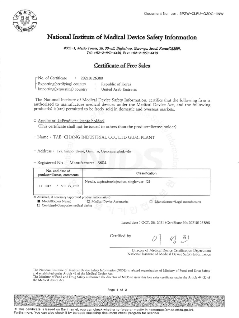 Certificate of Free Sales | PDF