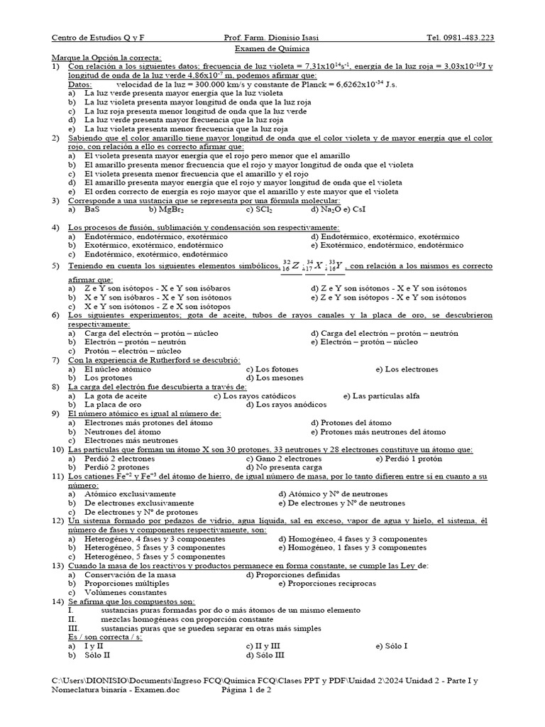 2024 Unidad 2 - Parte I y Nomeclatura Binaría - Examen SR | PDF | Protón | Neutrón