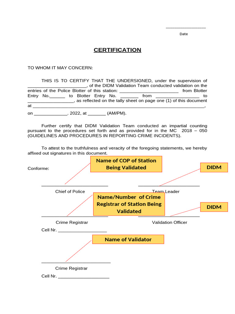 Police Blotter Validation Certification | PDF