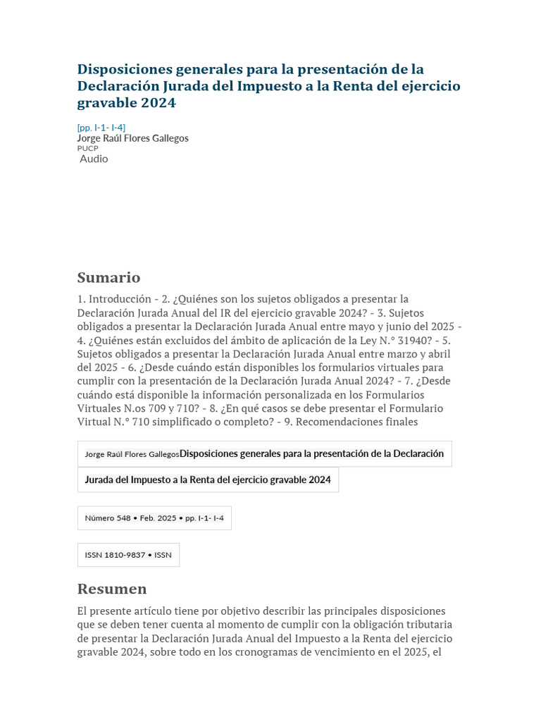 Disposiciones Generales para La Presentación de La Declaración Jurada Del Impuesto A La Renta ...