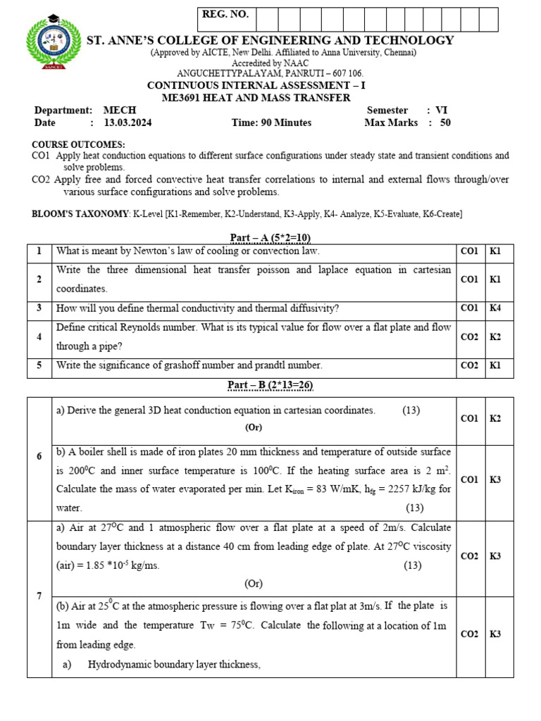 ME3691 Heat and Mass Transfer Exam | PDF | Thermal Conduction | Heat ...