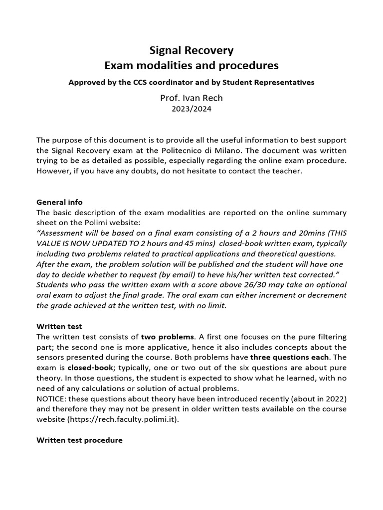 Signal Recovery Exam Guidelines Polimi | PDF | Personal Computers | Laptop