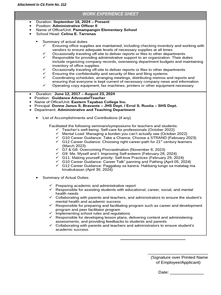 CS Form No 212 Work Experience Sheet | PDF | Learning