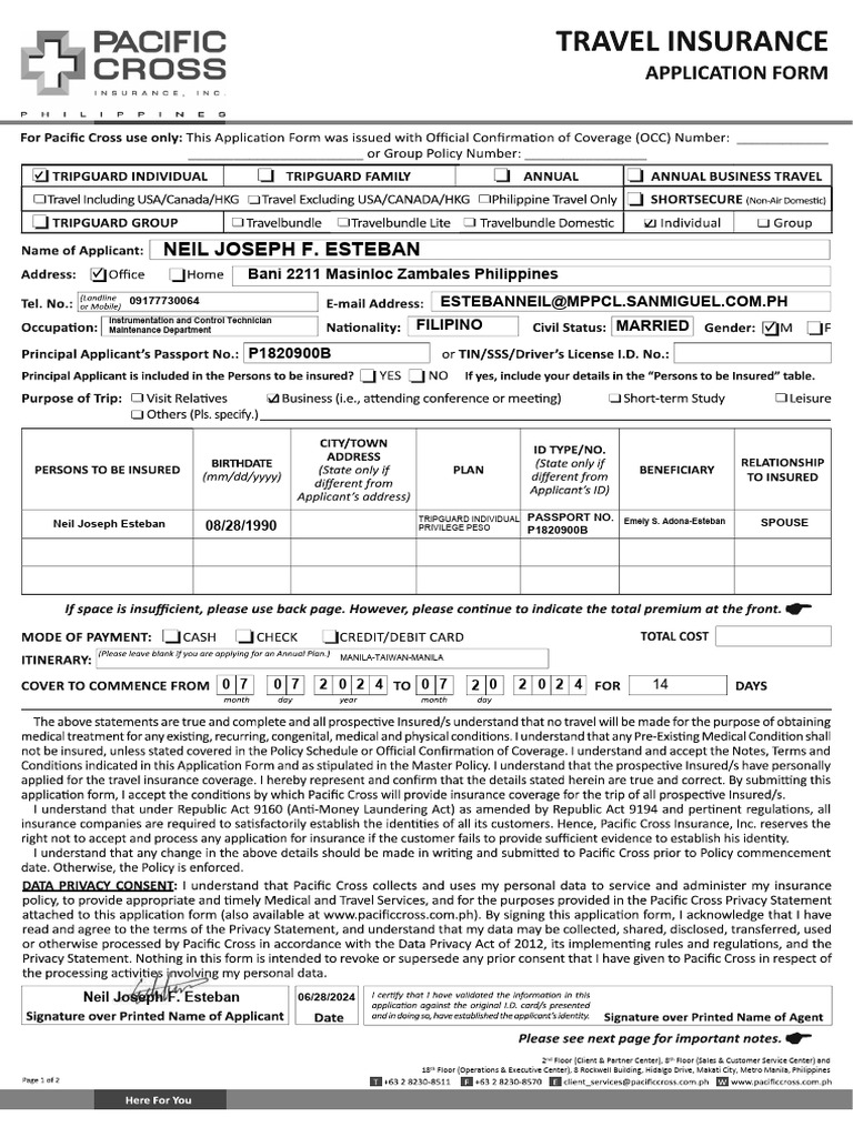 Travel Insurance Application Form | PDF