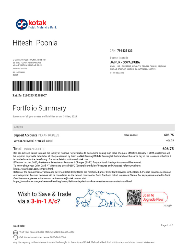 Kotak Bank Account Statement Summary | PDF | Banks | Payments
