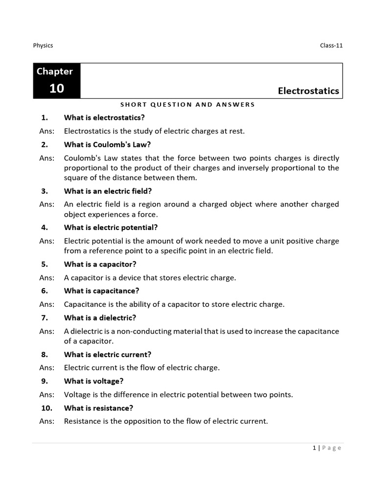 Ch-10: Electrostatics - Short Question Answers - PDF | PDF | Electric ...