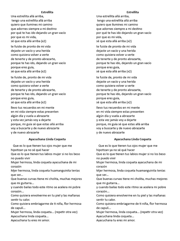 Letras de "Estrellita" y amor ayacuchano | PDF