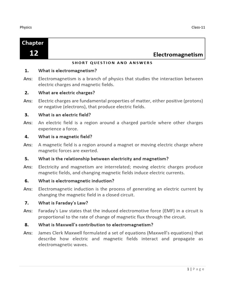 Electromagnetism Q&A for Class 11 | PDF | Electromagnetic Induction ...
