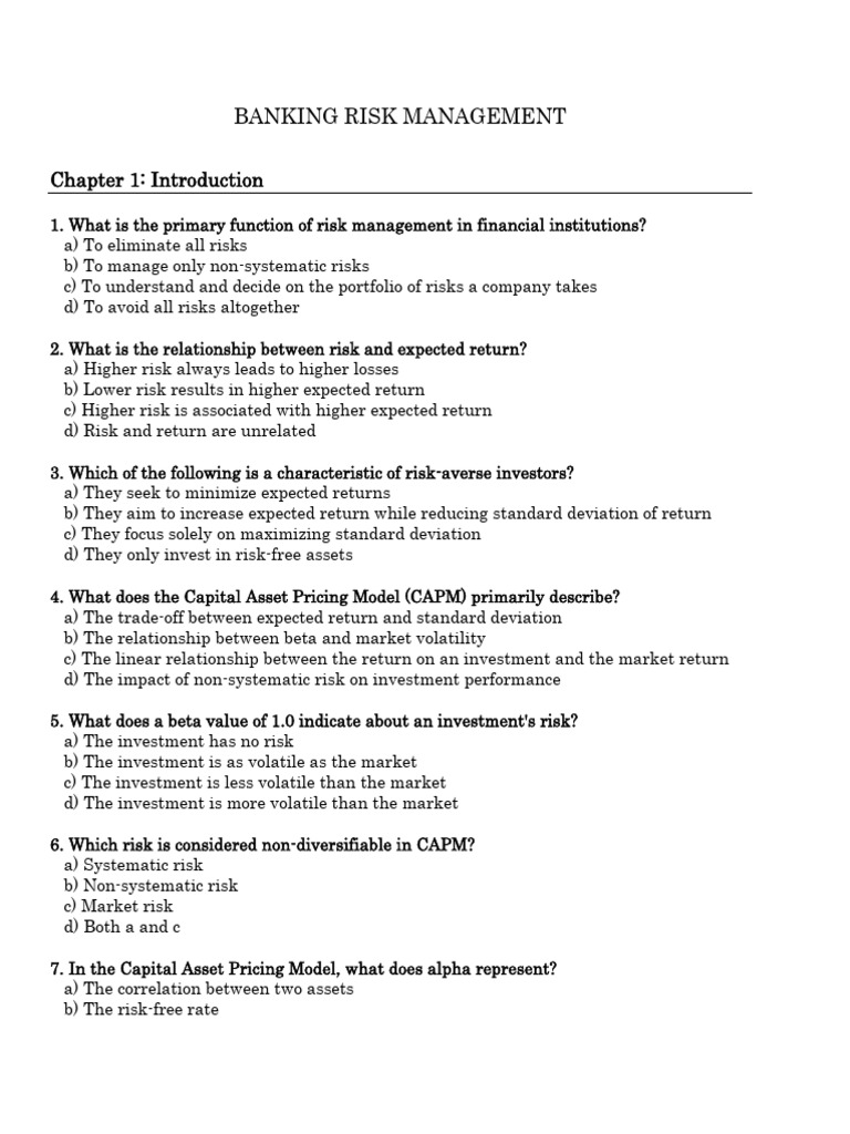 BRM Quiz 1 Chapter 1 Student | PDF | Financial Risk | Banks