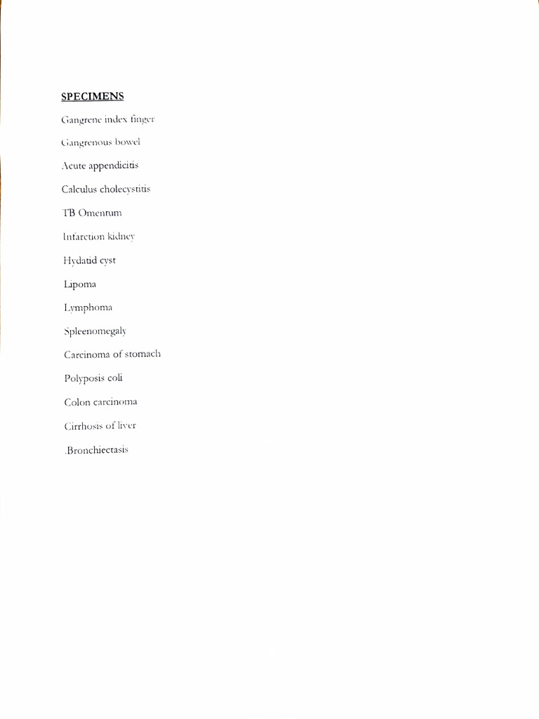 Medical Specimens and Conditions List | PDF