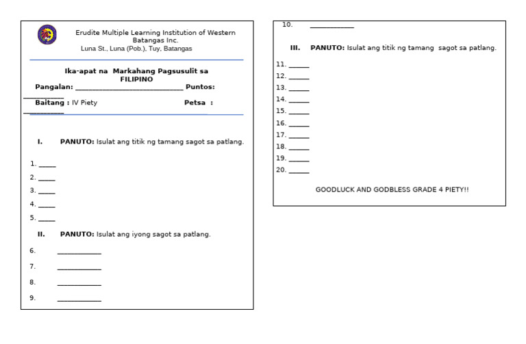 Filipino 4 Q4 Answersheet | PDF