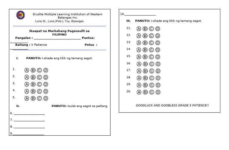 Filipino 5 Q4 Answersheet | PDF