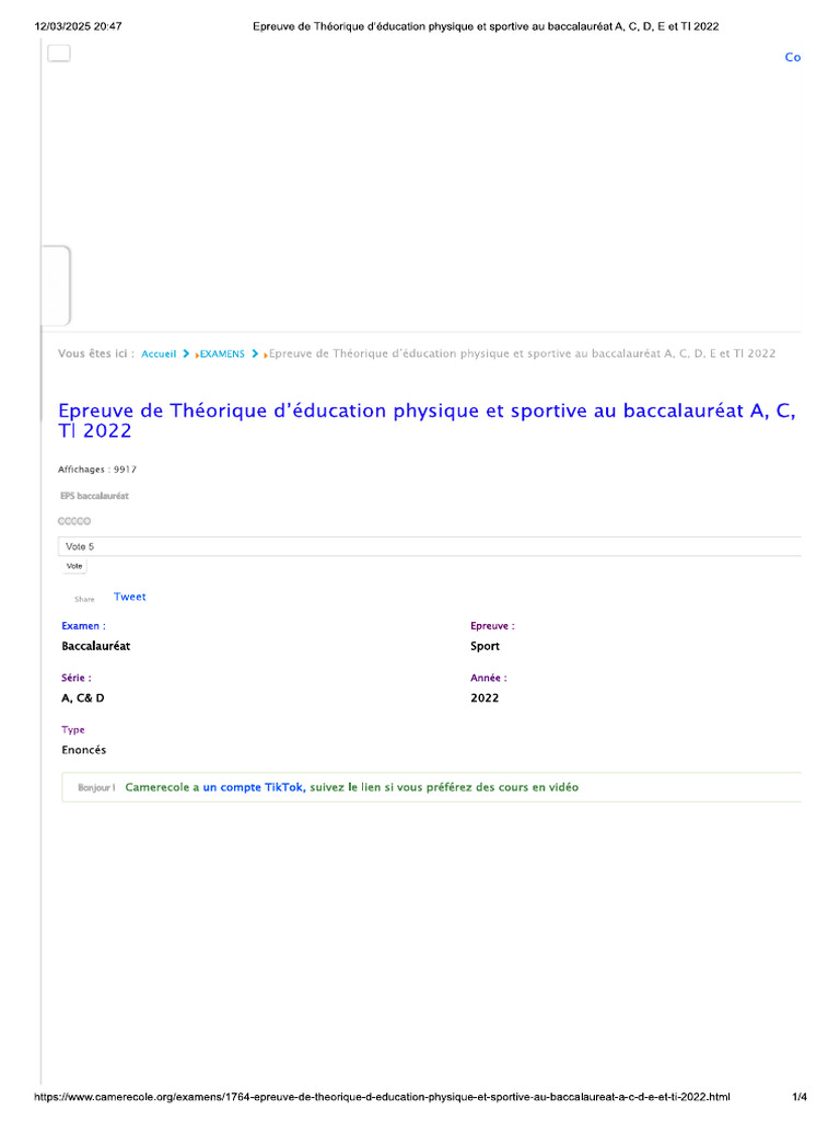 Epreuve de Théorique D'éducation Physiq... Au Baccalauréat A, C, D, E Et TI 2022 | PDF