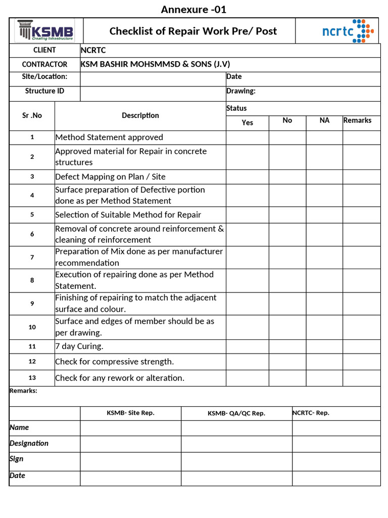 Concrete Repair Work Checklist | PDF | Concrete | Epoxy