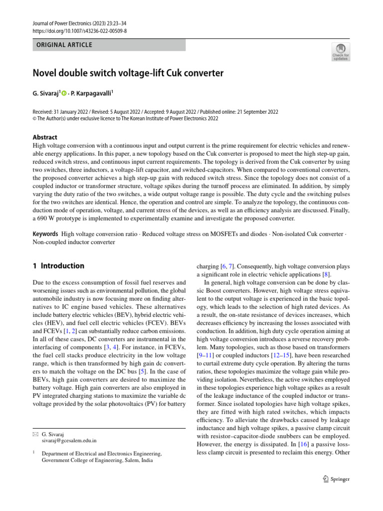 Novel Double Switch Voltage‑Lift Cuk Converter | PDF | Electronic Engineering | Electronics