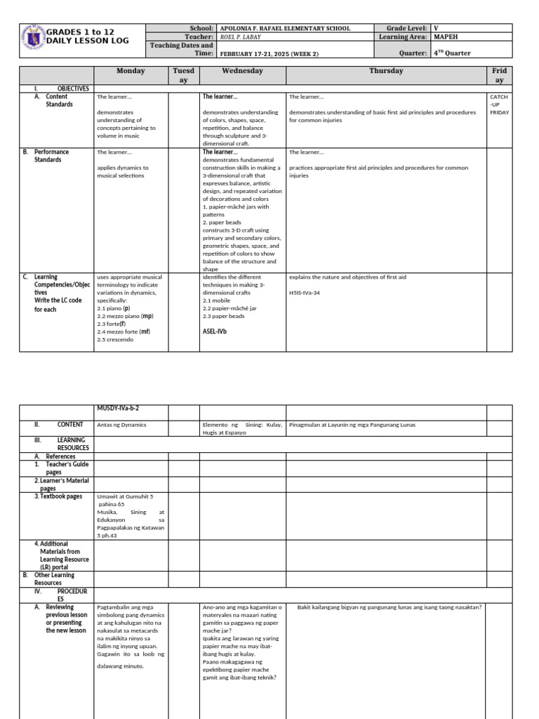 Grade 5 DLL MAPEH 5 Q4 Week 2 | PDF
