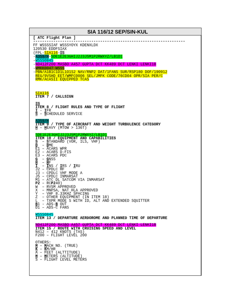ATC Flight Plan for SIA 116/12 | PDF | Aviation | Aviation Safety