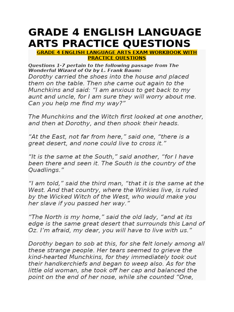 Grade 4 English Language Arts Practice Questions | PDF | Dorothy Gale ...