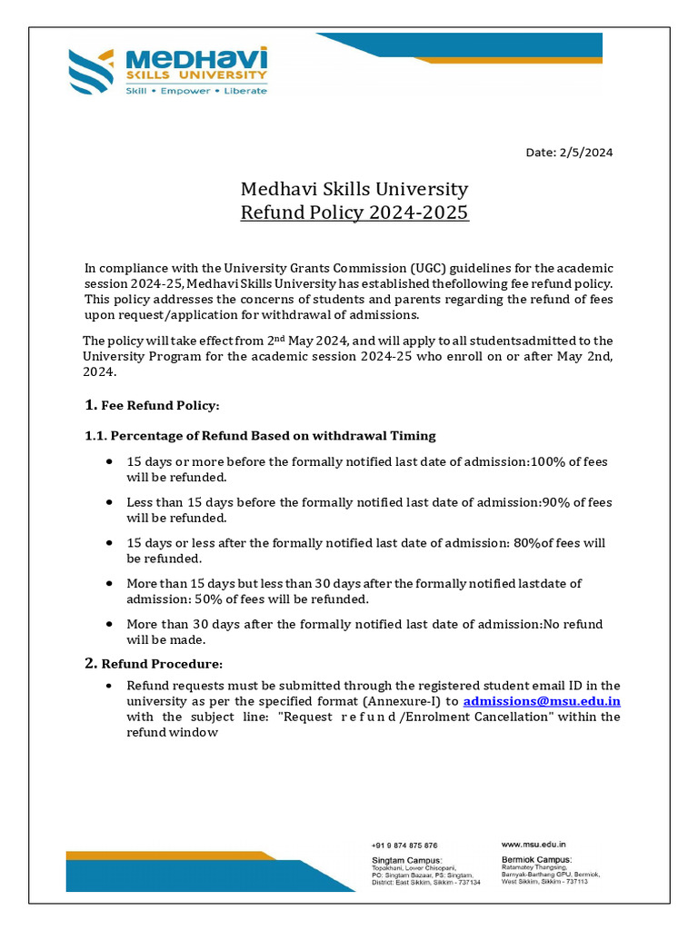 Medhavi Skills University Refund Policy 2024-2025 | PDF
