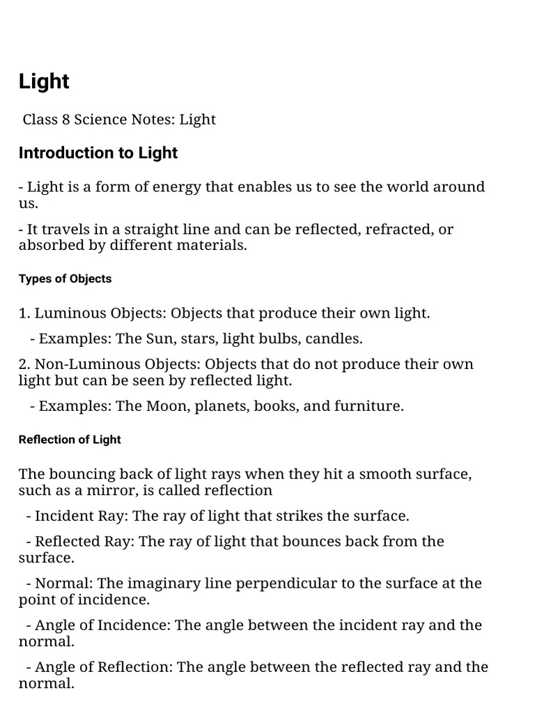 Light class 8th | PDF | Reflection (Physics) | Refractive Index