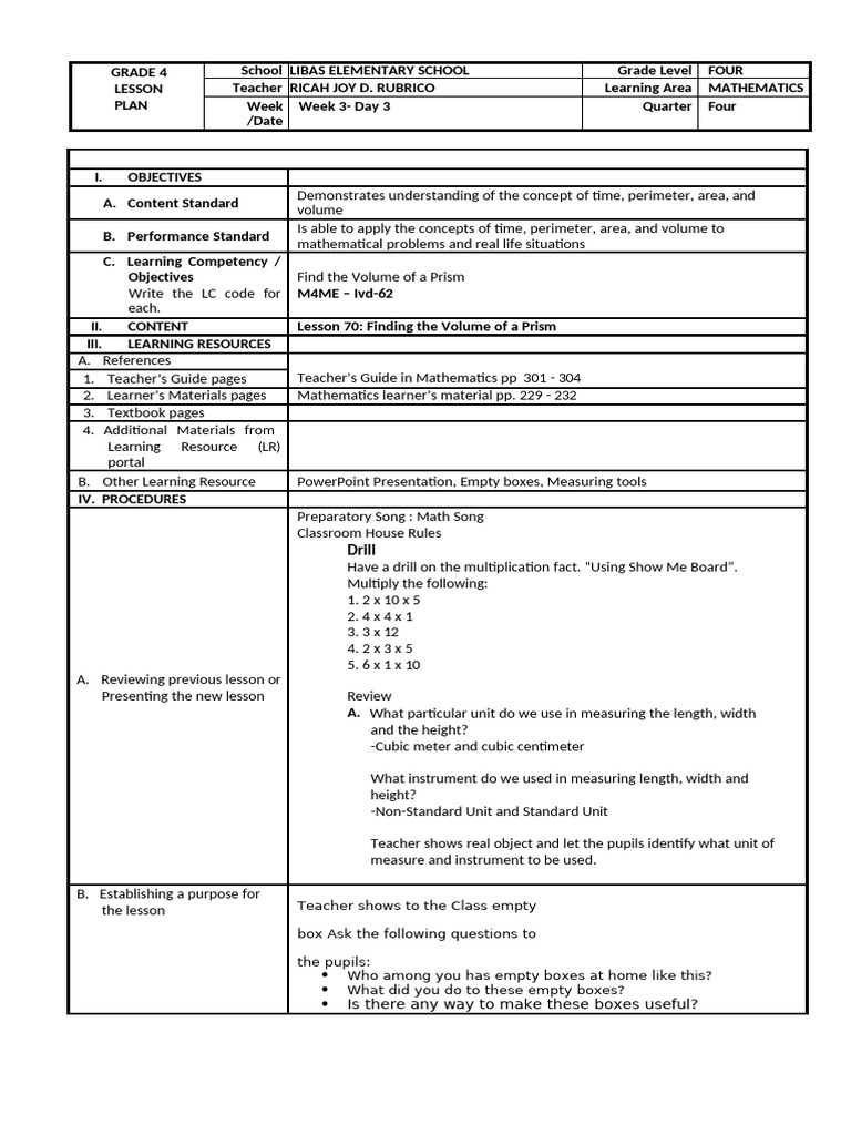 Cot 2 Lesson Plan Math 4 Quarter 4 Week 3 - Compress | PDF | Volume