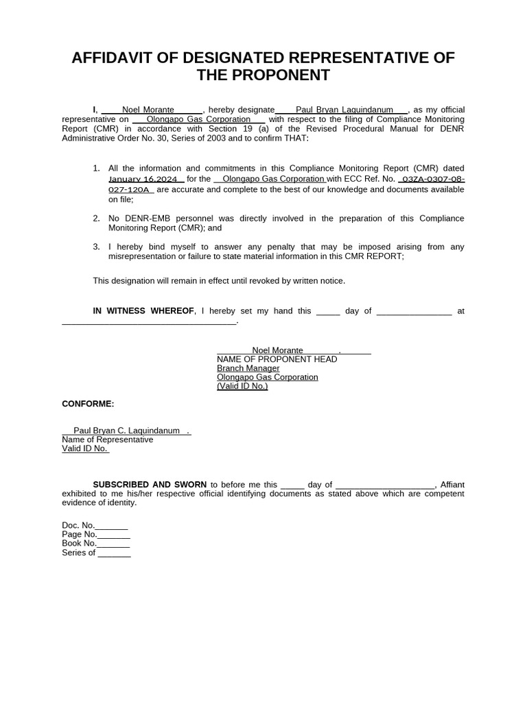 Affidavit of Designated Representative of The Proponent | PDF