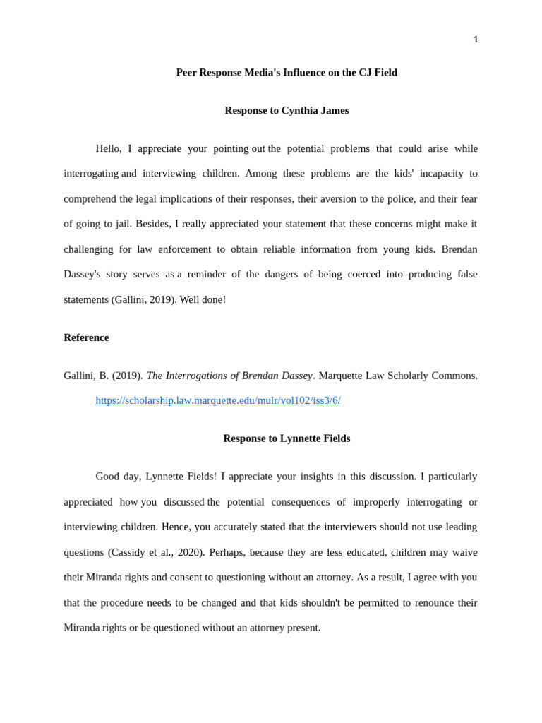 Peer response Media | PDF | Miranda Warning | Behavioural Sciences