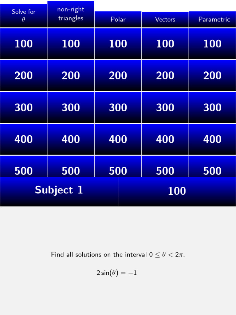 Jeopardy Math142 Ch7 Ch8 | PDF | Mathematical Physics | Geometry