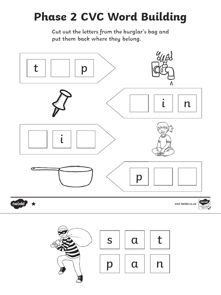 Phase 2 CVC Word Building Differentiated Activity Sheets Black and ...