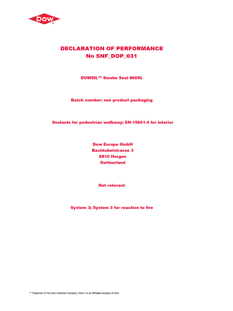 Declaration of Performance Dowsil Smoke Seal 800sl | PDF | Trademark