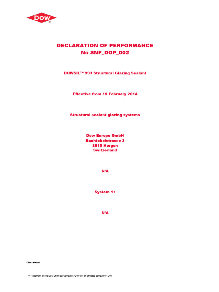 Declaration of Performance Dowsil 993 Structural Glazing Sealant | PDF ...