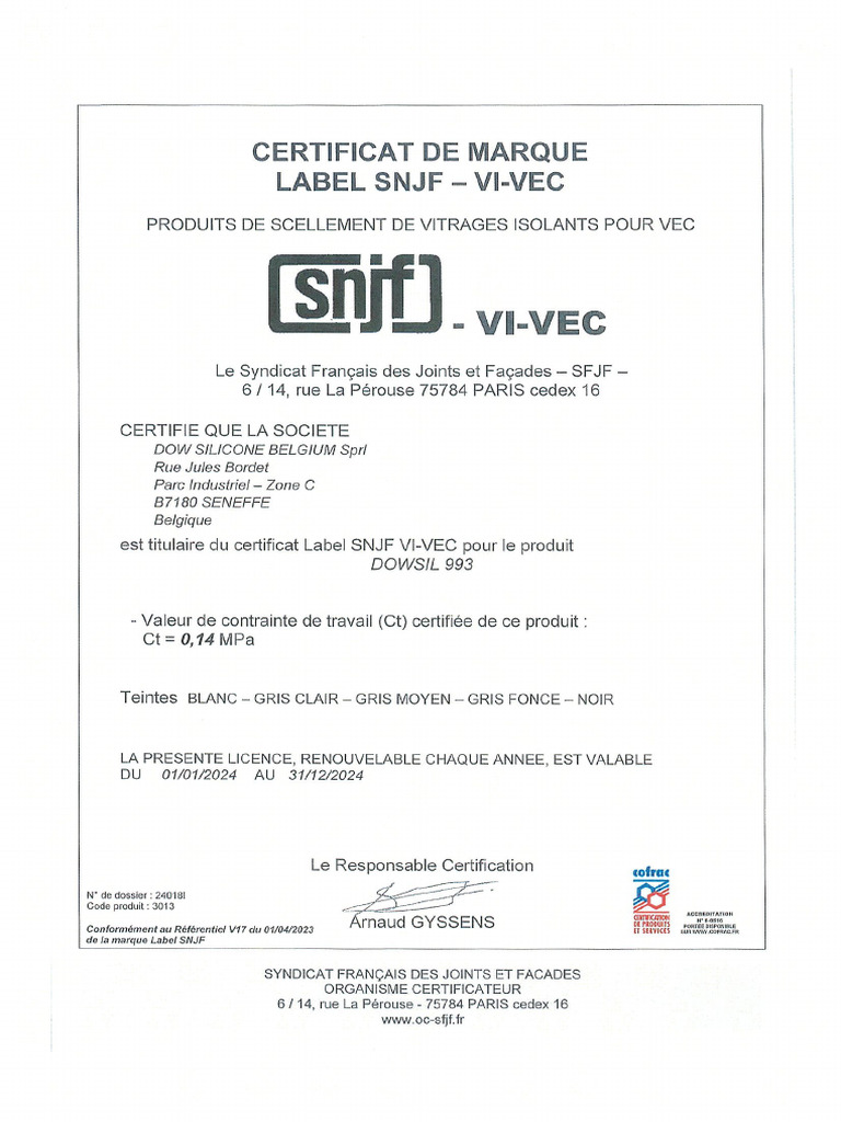 dowsil-993-structural-glazing-base-and-catalyst-vi-vec-certificate | PDF