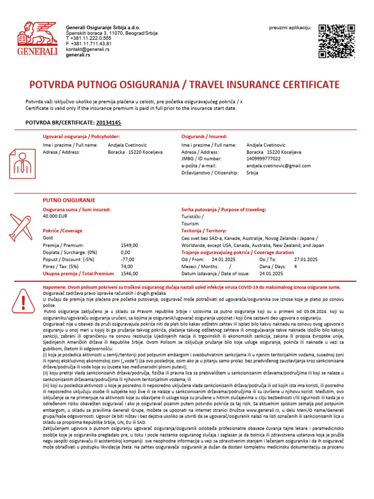 Putno Osiguranje - Generali Srbija | PDF