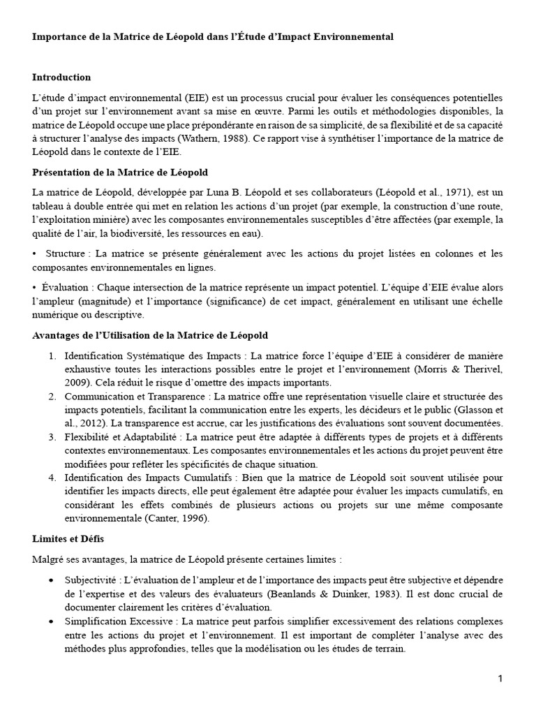 Matrice de Léopold Dans L'étude D'impact Environnemental | PDF | Environnement naturel | Modèle ...