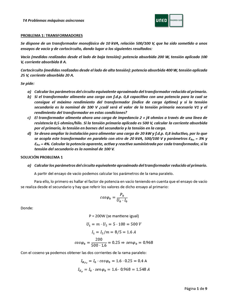 T7 Problemas Repaso (Solucion) | PDF | Impedancia eléctrica | Transformador