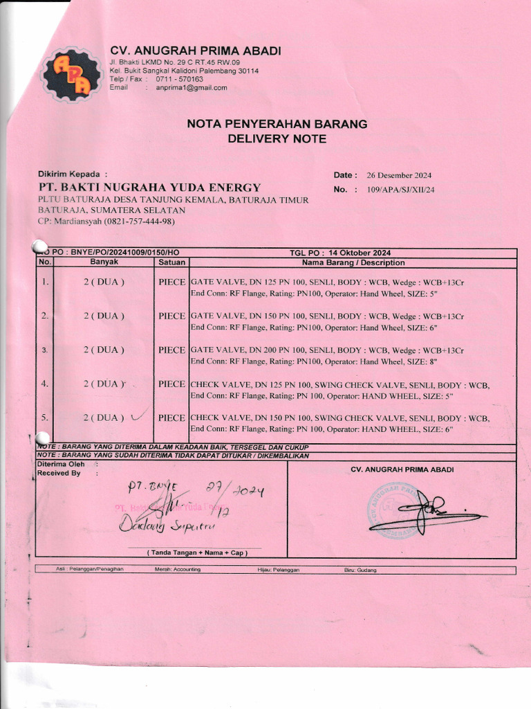 Delivery Note Ke PT Bnye Des 2024 | PDF | Plumbing