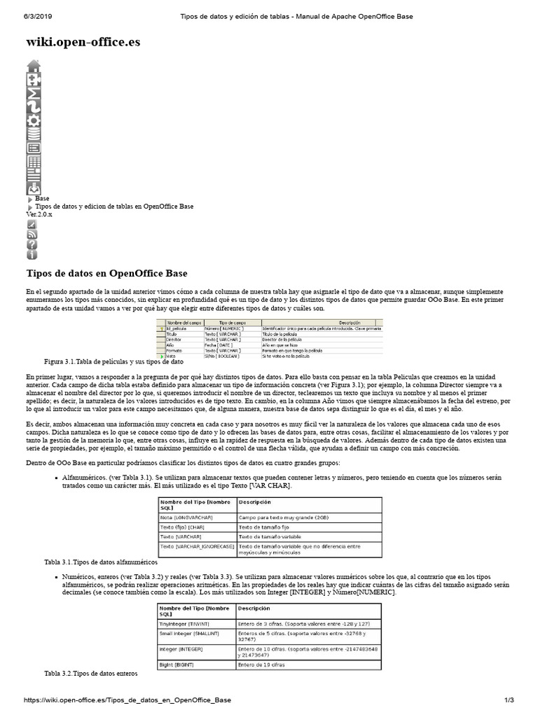 Tipos de datos en OpenOffice Base | PDF | Tipo de datos | Bases de datos