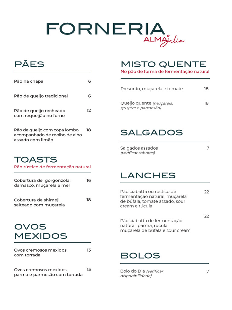 Cardapio Forneria | PDF | Pães | Queijo