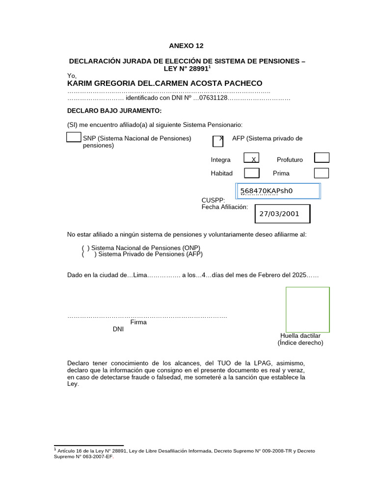 Anexo 12 Declaracion Jurada de Eleccion de Sistema de Pensiones Ley N 28991 | PDF
