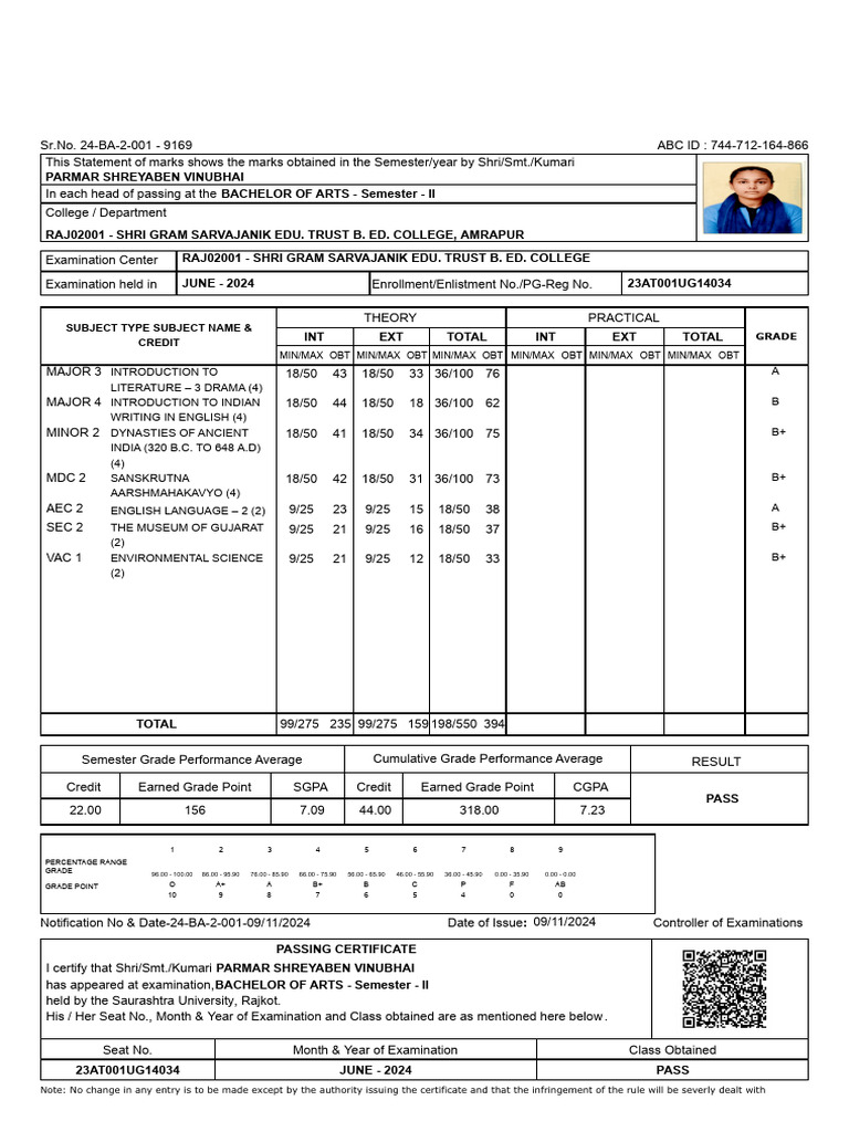 23AT001UG14034 Semester 2 Marksheet Report | PDF | Student Assessment ...