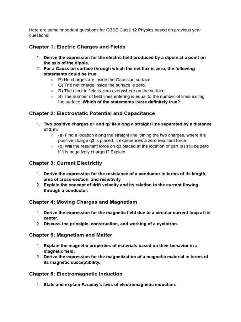 Essential CBSE Class 12 Physics Questions | PDF | Electromagnetic ...
