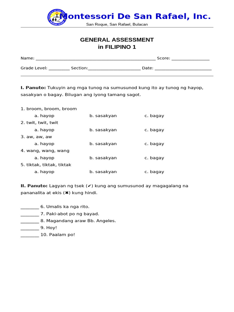 GENERAL ASSESSMENT in FILIPINO 1 | PDF