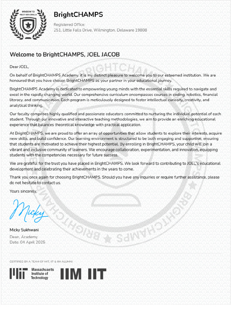 Welcome Letter | PDF