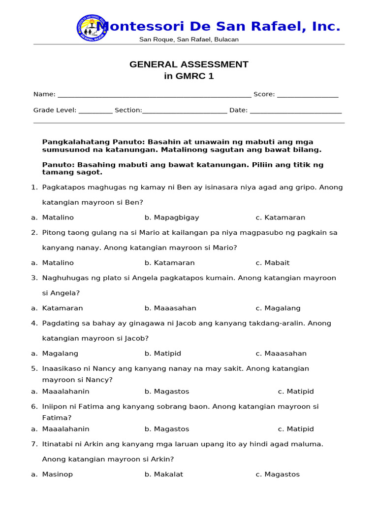 GENERAL ASSESSMENT in GMRC 1 | PDF