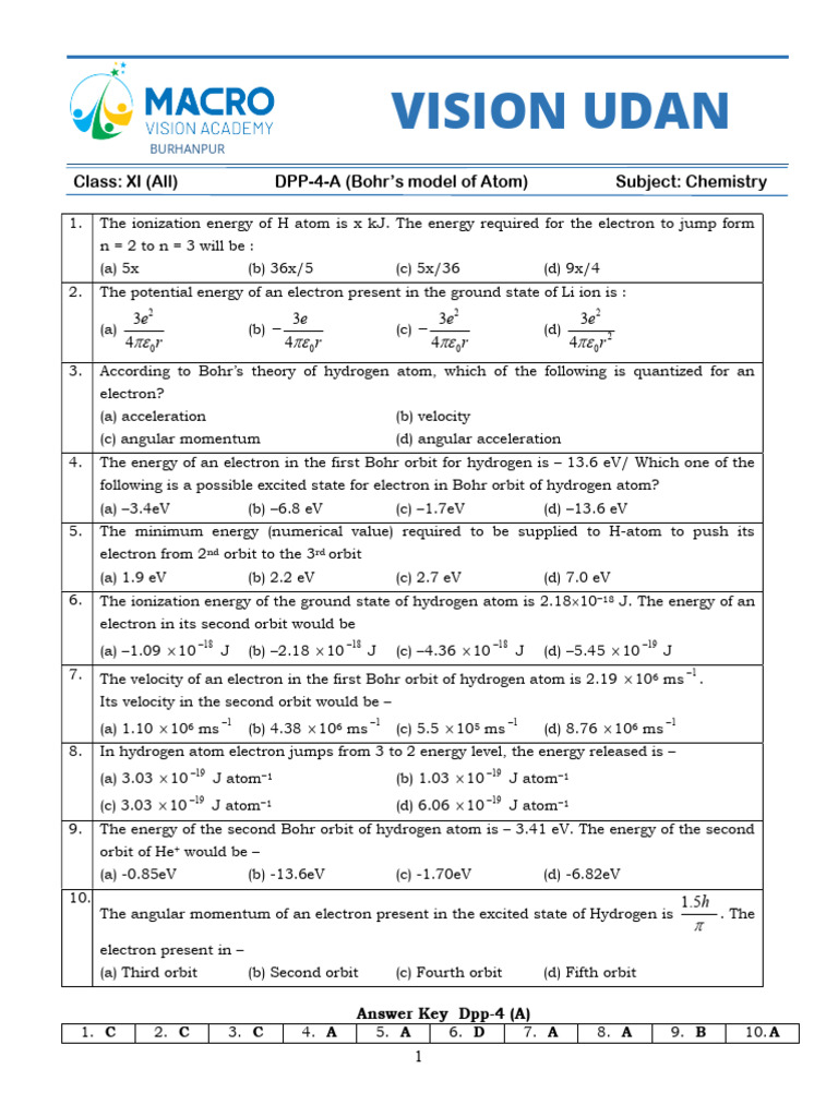Dpp-4 (Bohar's Model of Atom) | PDF | Atoms | Electron