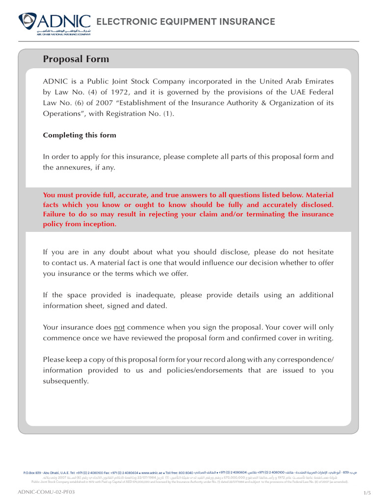 Electronic Equipment Insurance Form | PDF | Insurance | United Arab ...