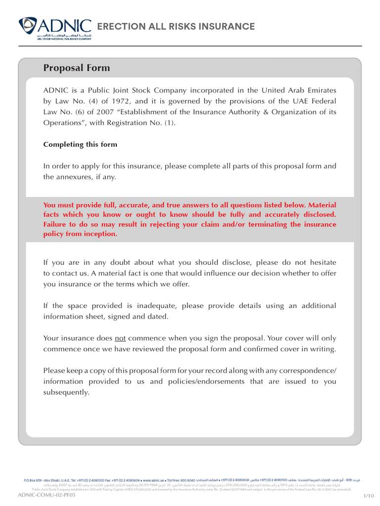 Erection All Risks Insurance Proposal Form | PDF | Insurance | United ...