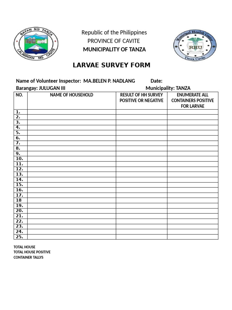 Larvae Survey Form for Tanza, Cavite | PDF